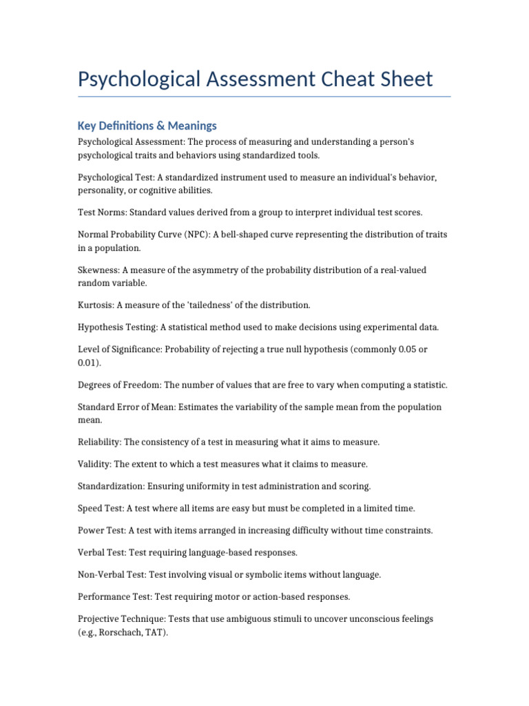 Psychological Assessment Cheat Sheet | PDF | Psychological Testing ...