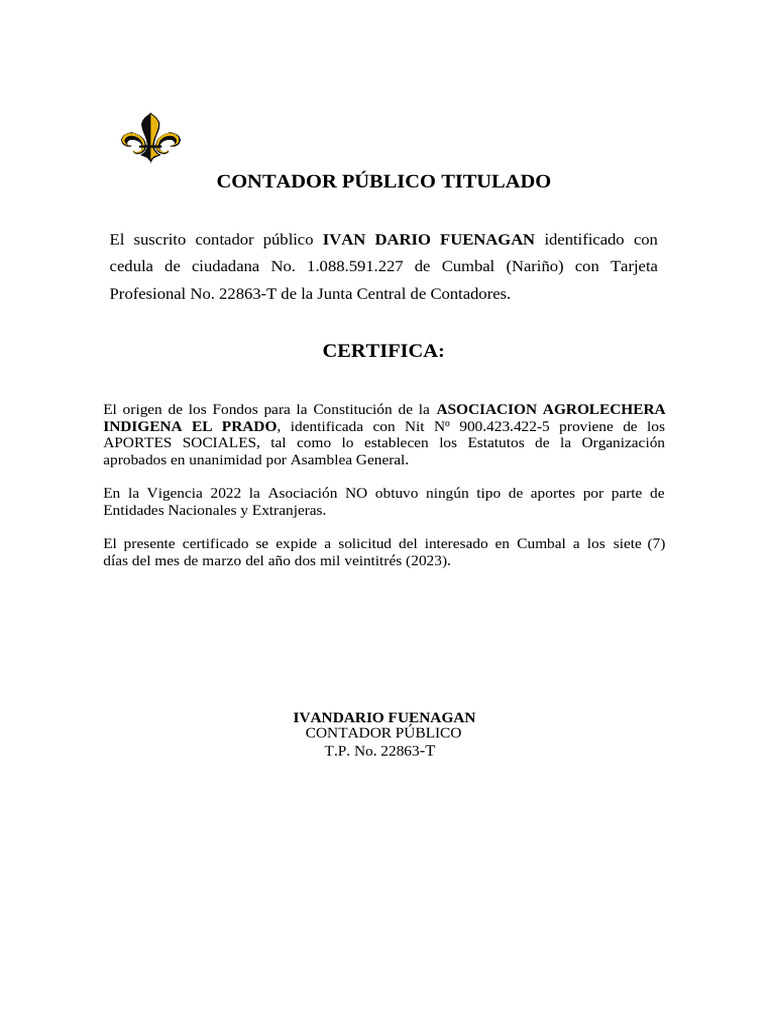 Certificado Origen de Fondos | PDF | Contador