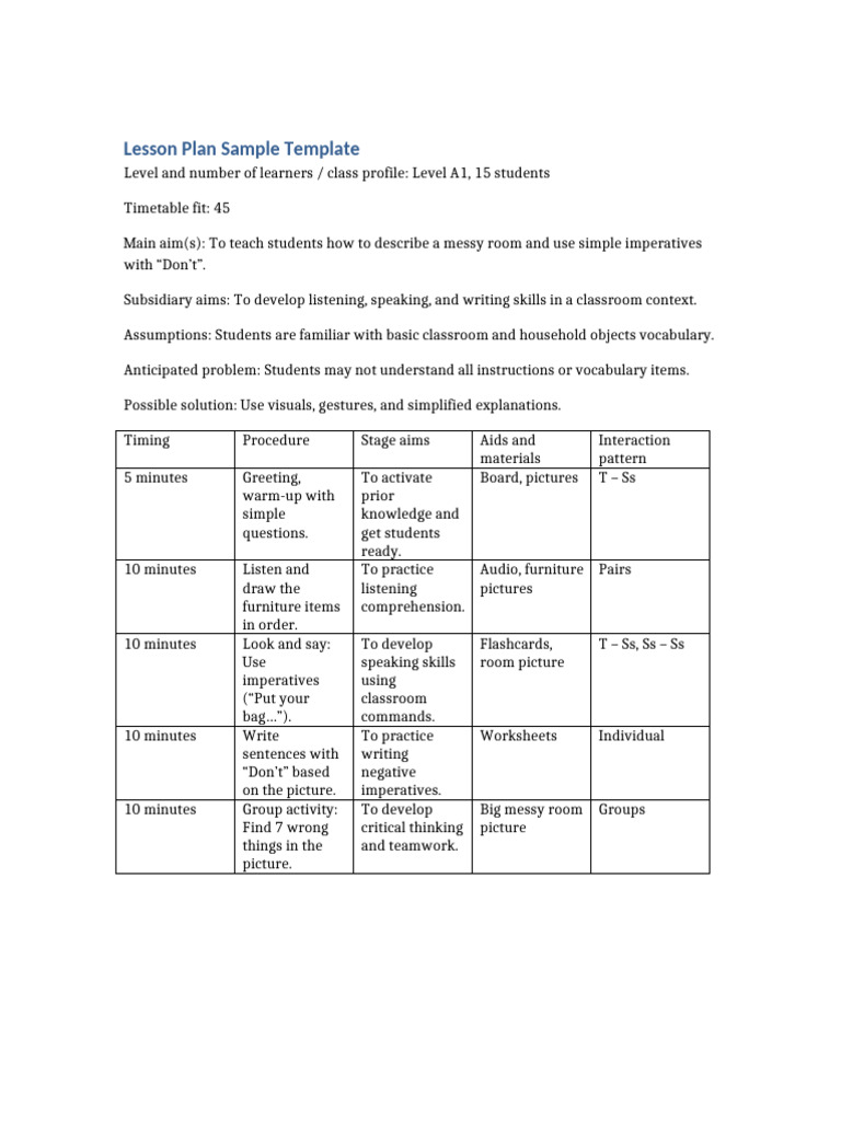 A1 Lesson Plan | PDF