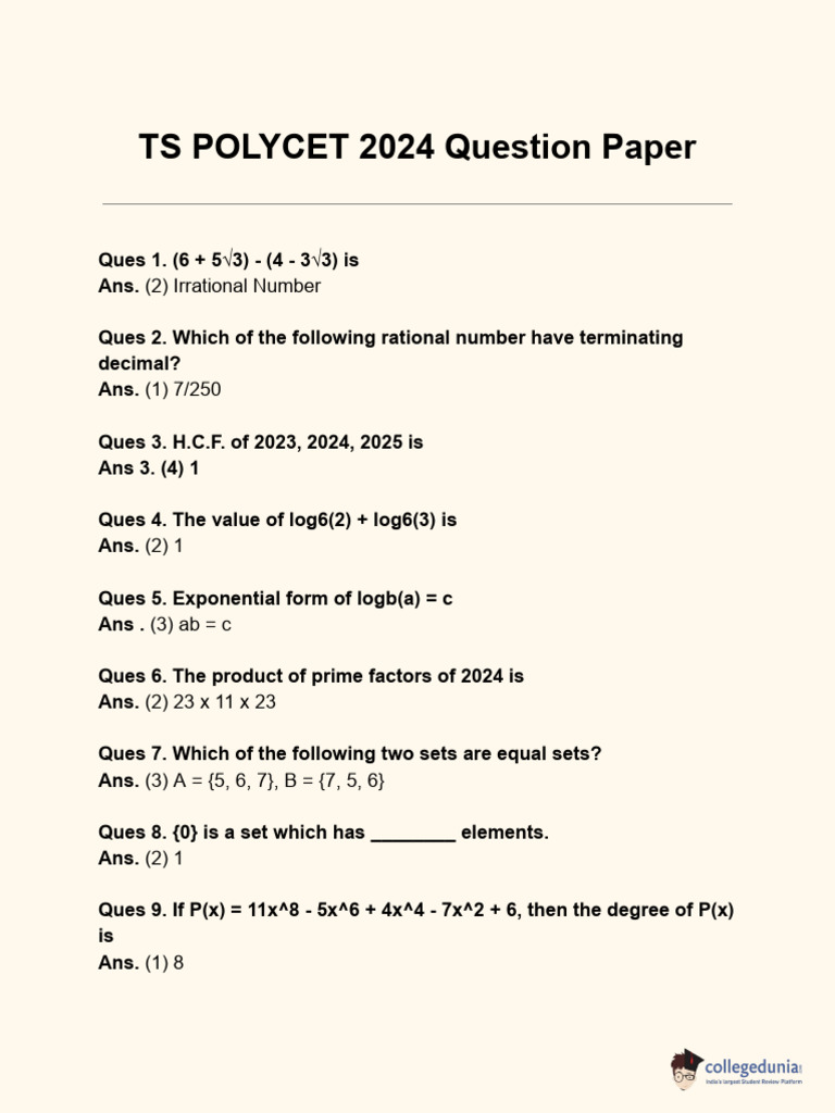 TS POLYCET 2024 Question Paper | PDF | Circle | Area