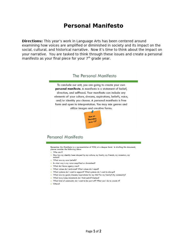 Personal Manifesto for 7th Graders | PDF