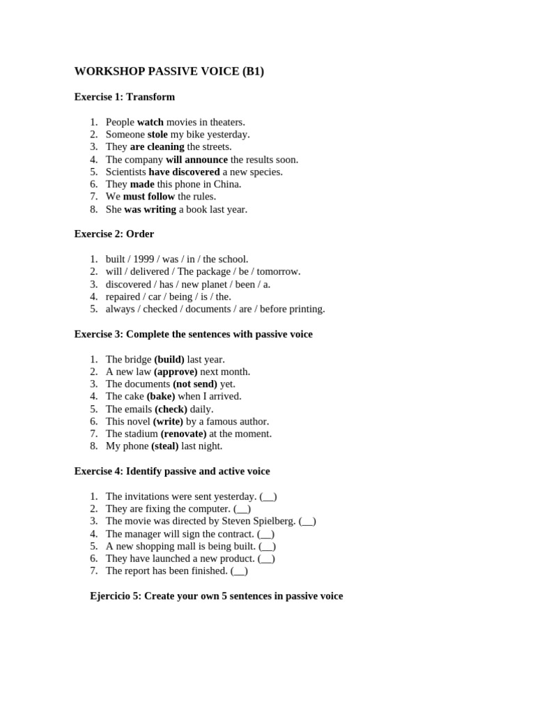 Passive Voice Workshop Exercises | PDF