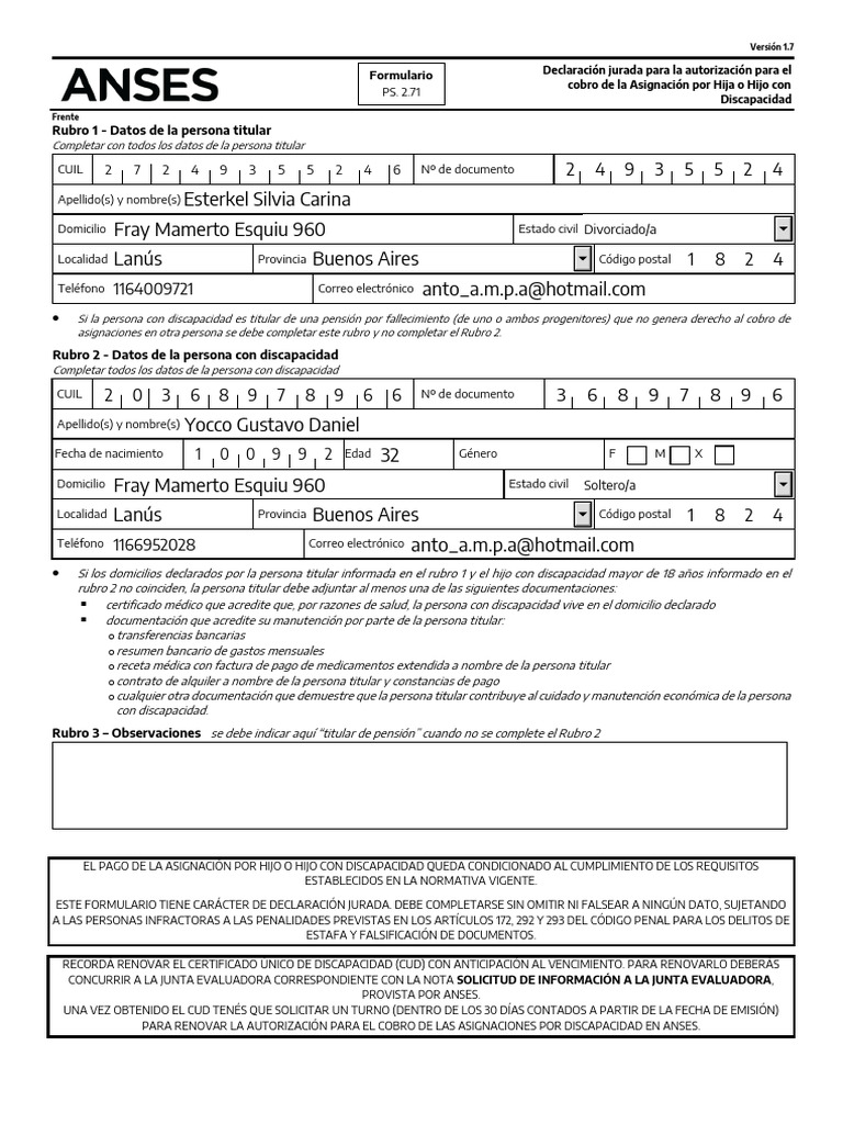 P 2.71 DDJJ Autorizacion Hija o Hijo Disca AV | PDF | Pensión alimenticia