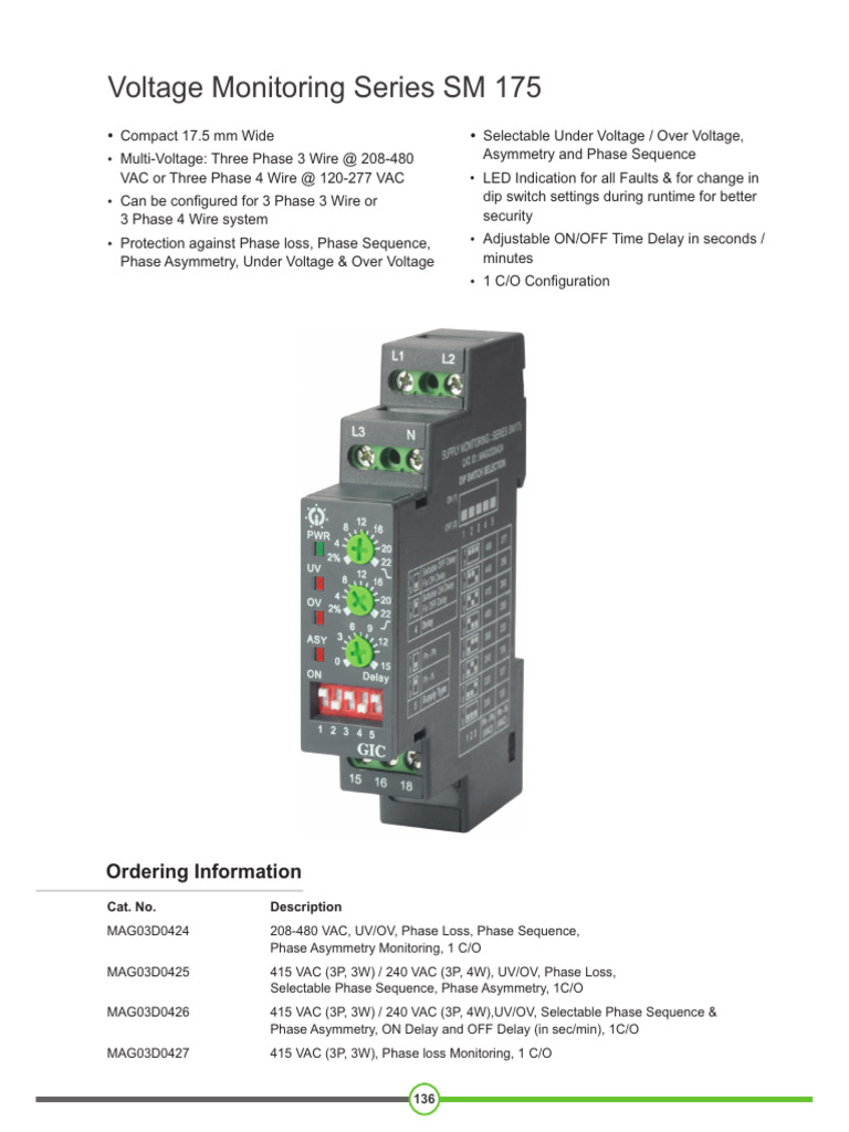 Voltage Monitoring Series SM 175: Ordering Information | PDF | Alternating Current | Relay