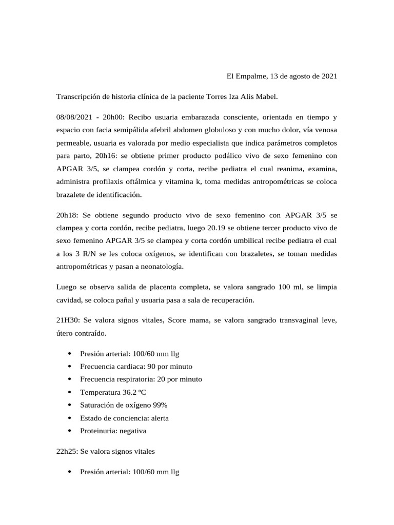 Transcripción de Historia Clínica de La Paciente Torres Iza Alis Mabel. | PDF