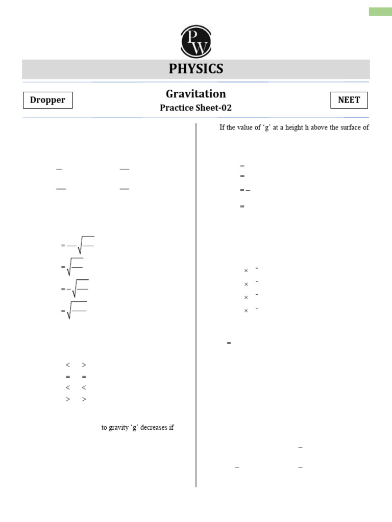 Gravitation Parakaram DPPs - 02 _ Physics | PDF | Weight | Orbit