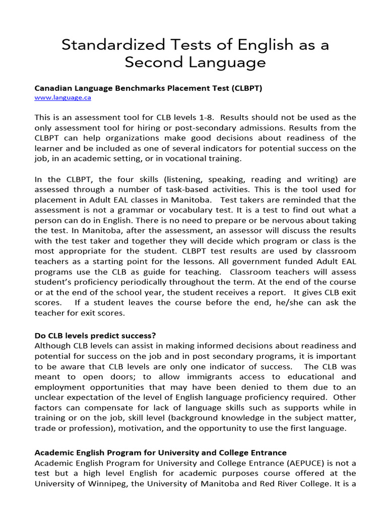 Standardized Tests of English As A Second Language | PDF | Test Of ...