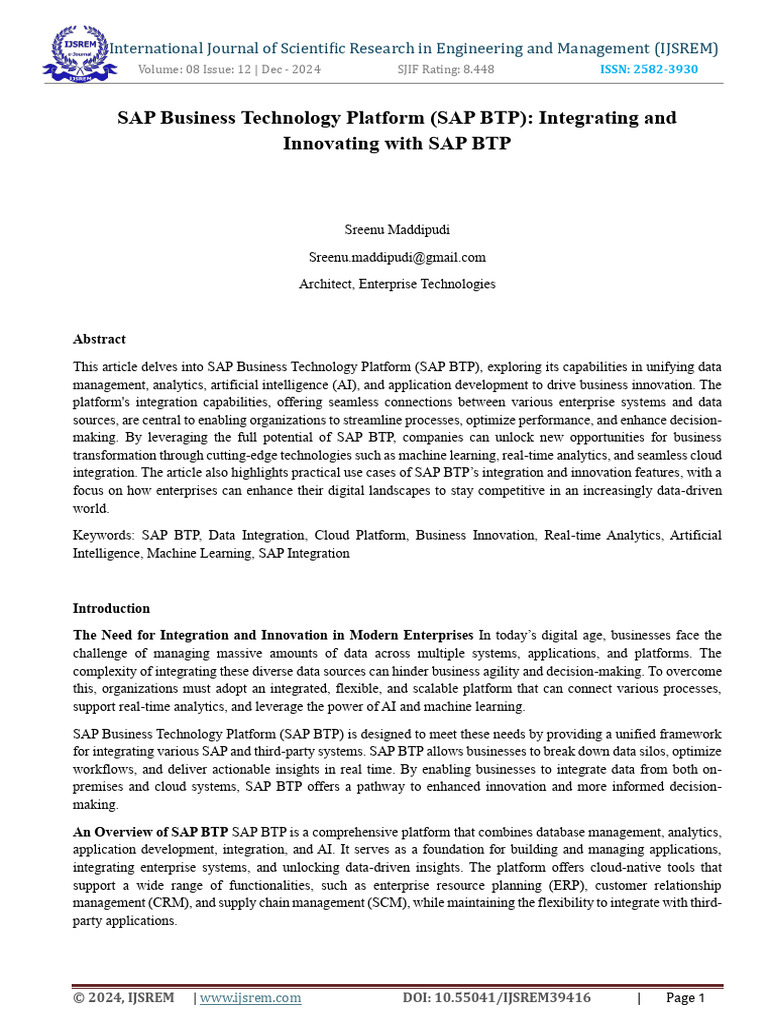 SAP Business Technology Platform SAP BTP Integrating and Innovating With SAP BTP | PDF ...
