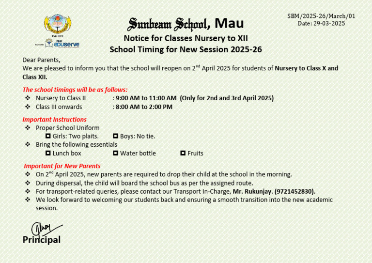 29-03-2025 Notice For Classes Nursery To X & XII (School Timing For New ...