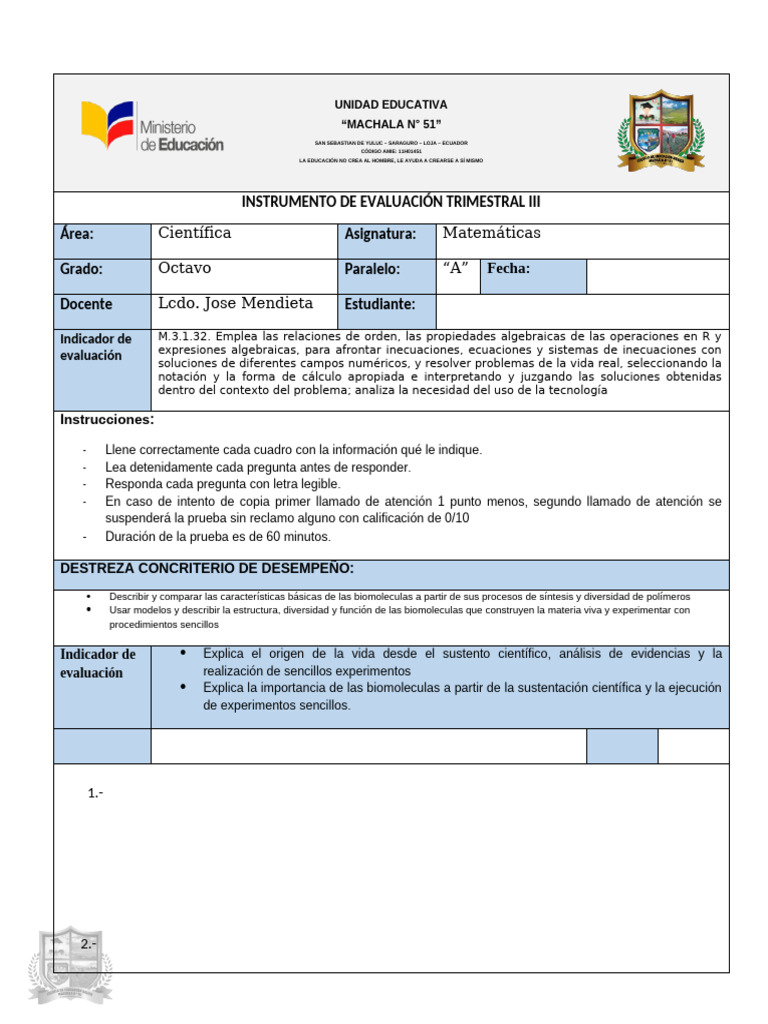 Evaluacion de Biologia Terc Trim 1ero Bachi | PDF | Matemáticas
