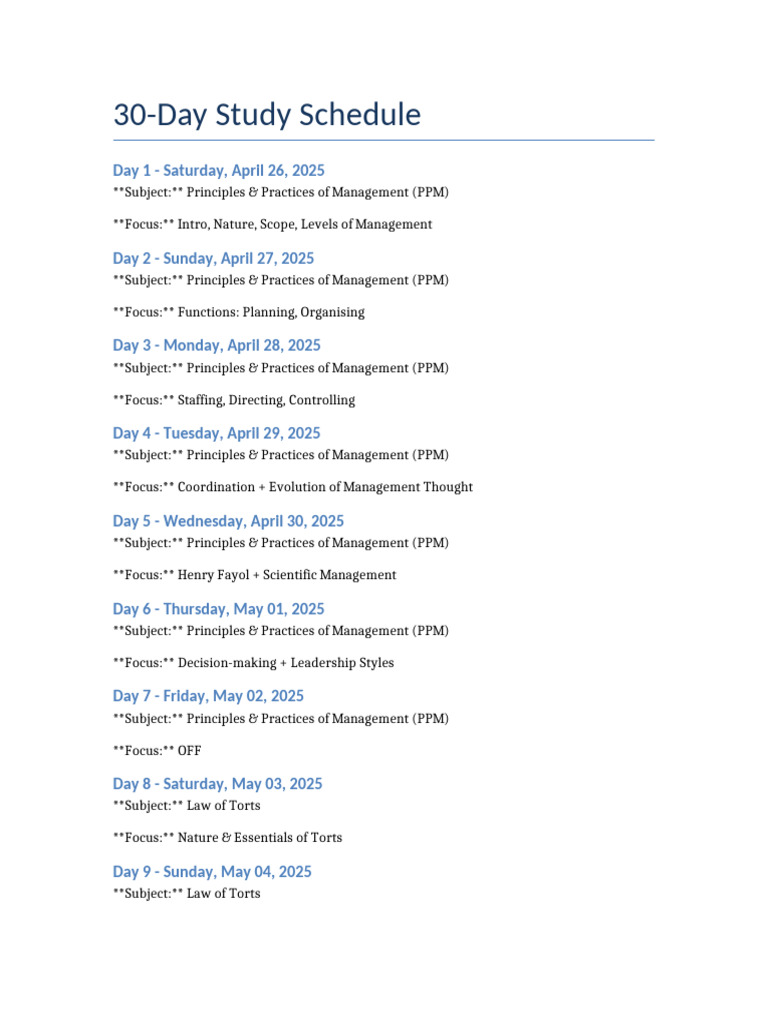 30-Day Study Plan for Management & Law | PDF | Tort | Entrepreneurship