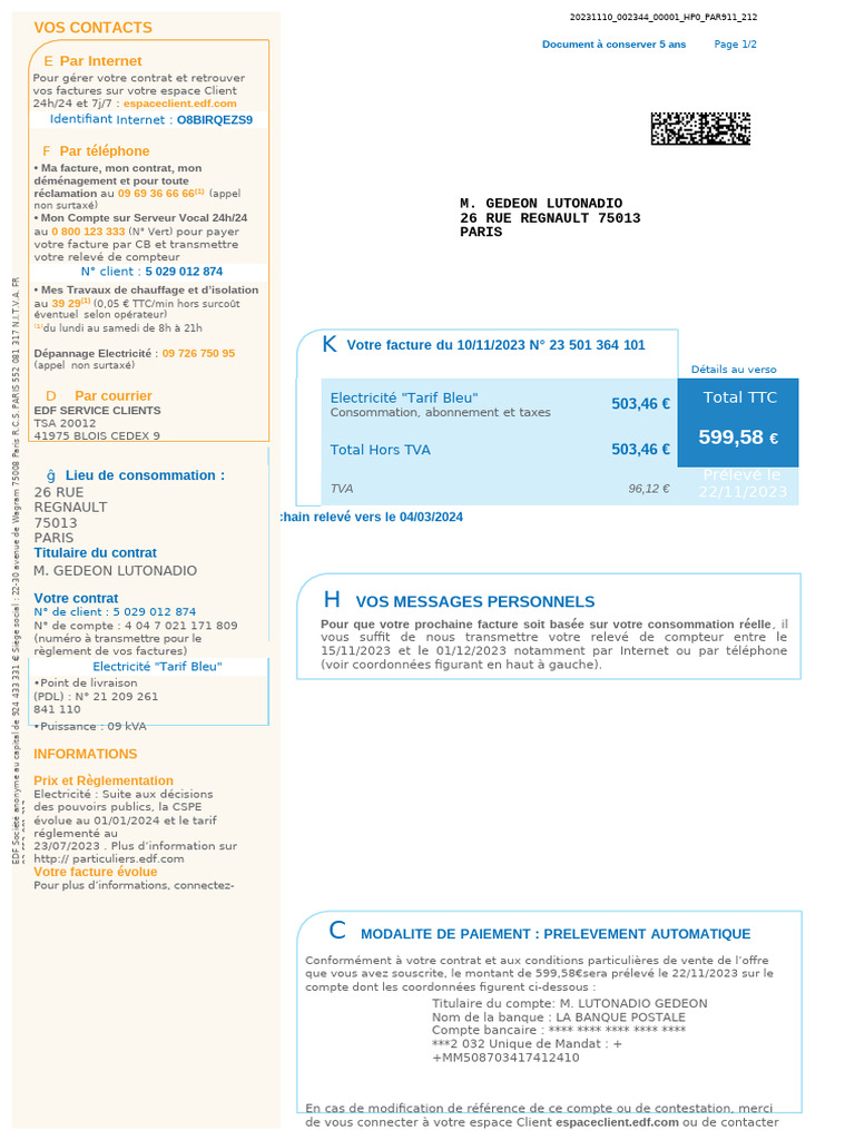 Facture EDF de M. Lutonadio - Nov 2023 | PDF | Banques | Facture