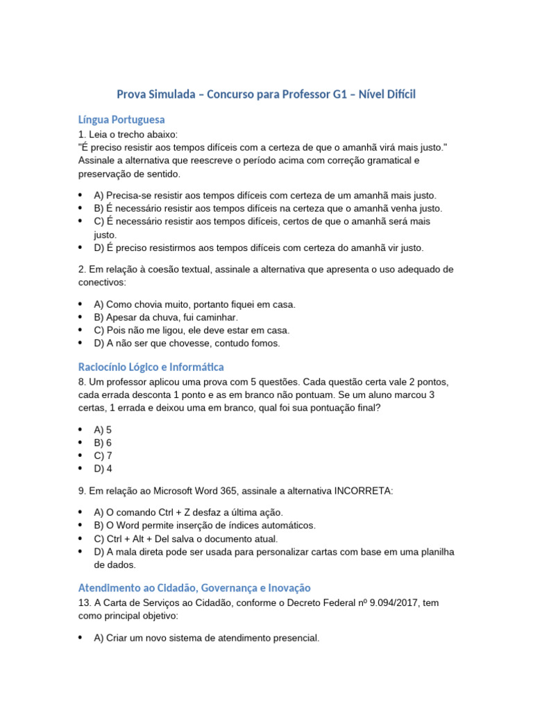 Prova Simulada Professor G1 Caxias RS | PDF | Governança | Sustentabilidade