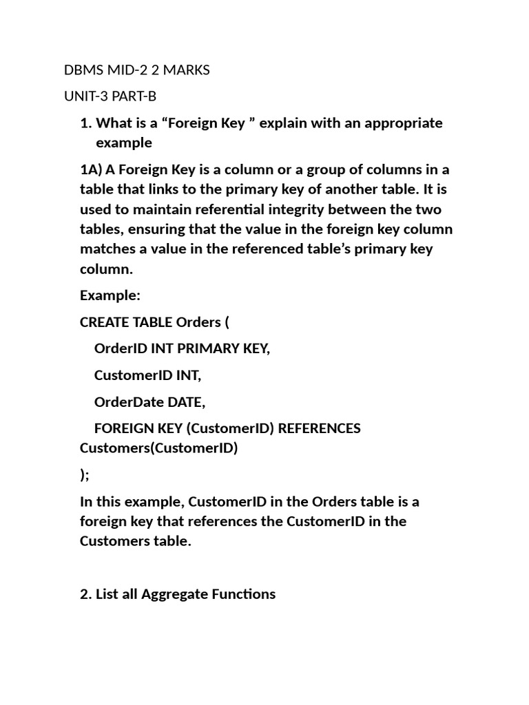 Dbms Mid-2 2 Marks Unit-3,4,5 Answers | PDF | Database Transaction | Computer Data