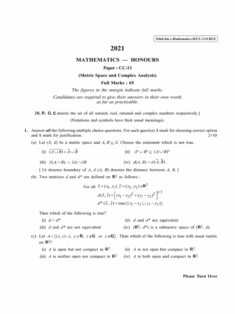 CU_2021_BSc_Mathematics(H)_Semester-VI_CC13_CC14_CC14P_DSE-A2_DSE-B2 | PDF