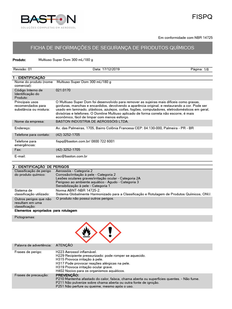 FISPQ-Multiuso Super Dom 300 ML 180 G | PDF | Química | Combustão