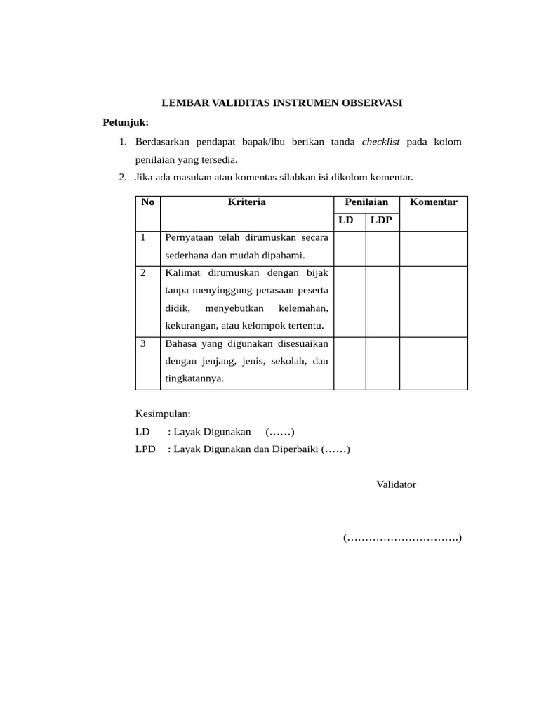 Lembar Validitas Instrumen Observasi | PDF