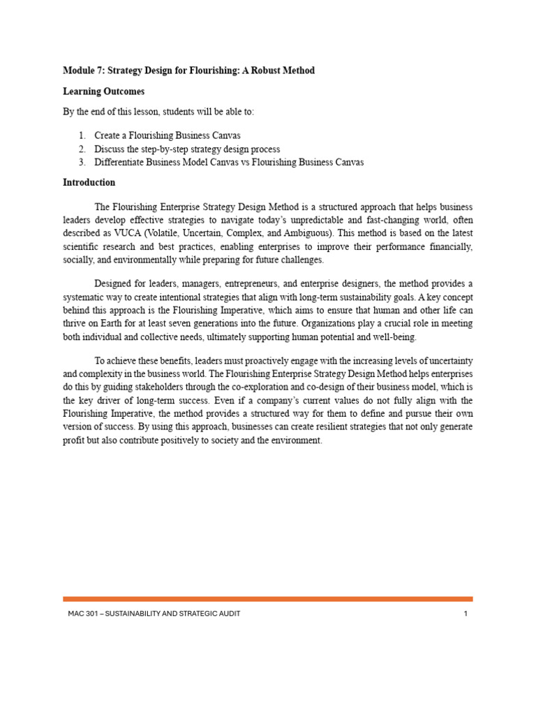 Module 7 Strategy Design For Flourishing A Robust Method | PDF | Sustainability | Business Model