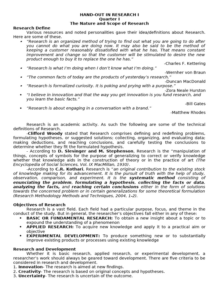 Handout1 Research1 What Is Research | PDF | Scientific Method | Methodology