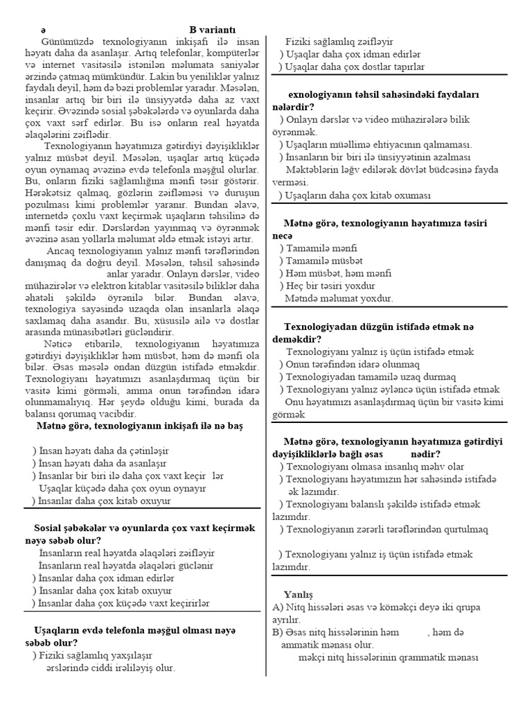 V Sinif Azərbaycan Dili KSQ-5 B Variantı 2024-2025 | PDF