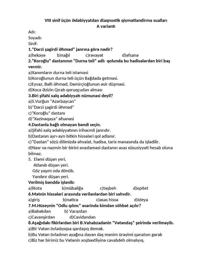 8ci_sinif_edebiyyat_a_variant.diaqnostik | PDF