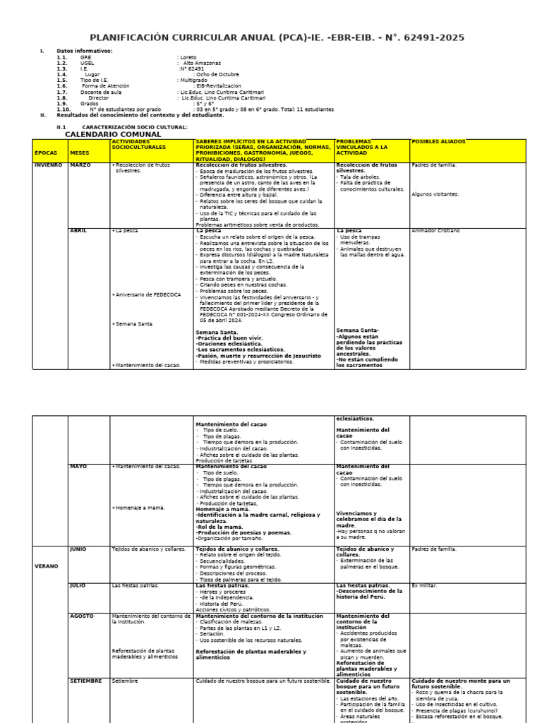 Planificación Curricular Anual EIB. IE 62491-2025 | PDF | Sustentabilidad