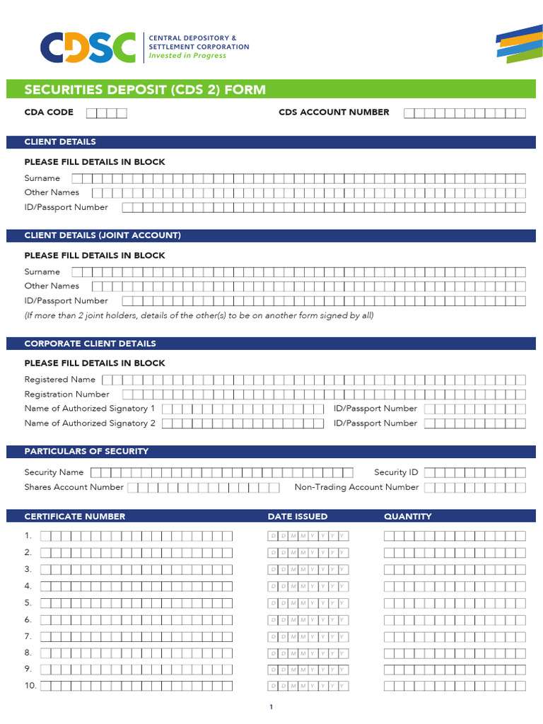 Securities Deposit (Cds 2) Form: Cda Code Cds Account Number | PDF ...