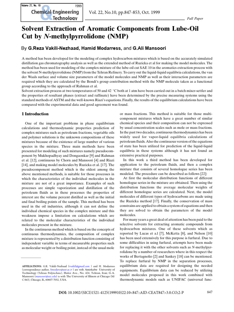 Solvent Extraction of Aromatic Components From Lube-Oil Cut by N ...