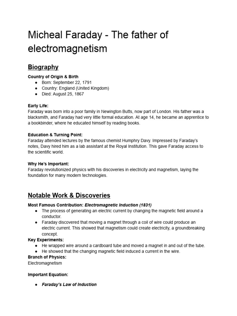 Michael Faraday: Father of Electromagnetism | PDF | Electromagnetic ...