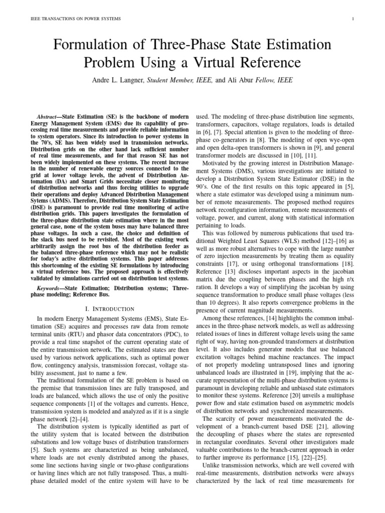 Formulation Of Three Phase State Estimation Pdf Electrical