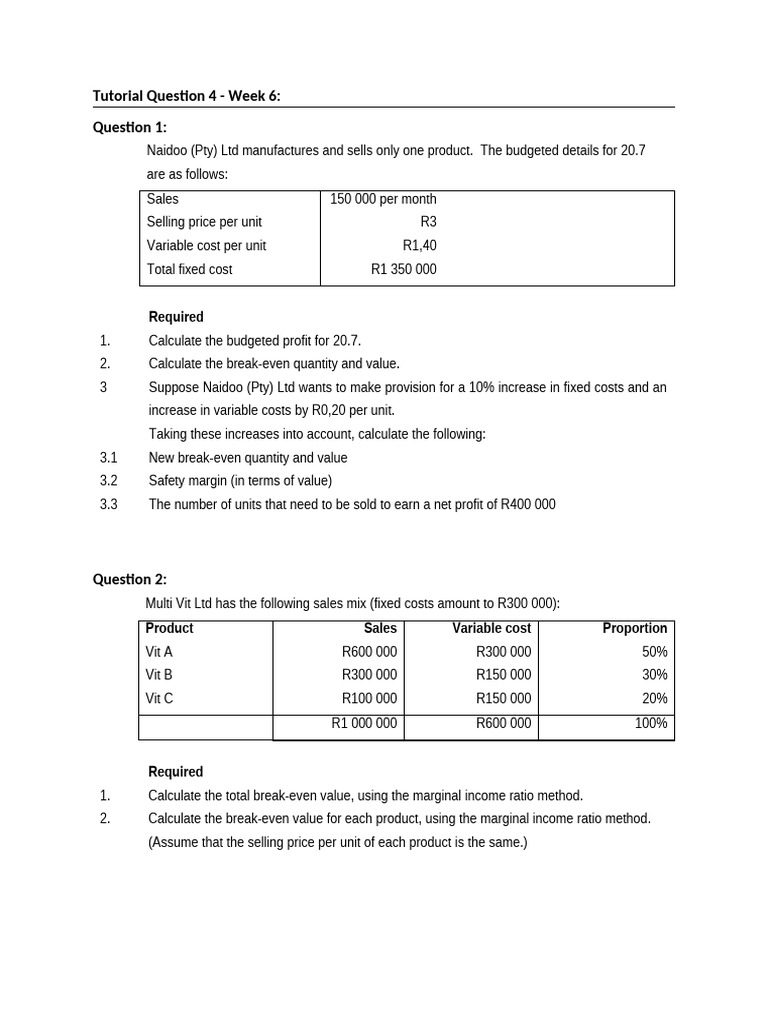 Tutorial Question 4 - Week 6 - CVP Analysis | PDF