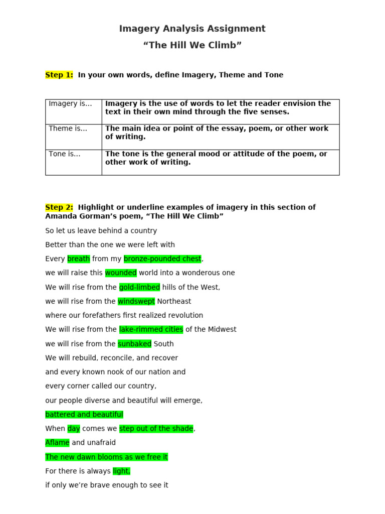 The Hill We Climb Imagery Analysis Assignment | PDF | Poetry