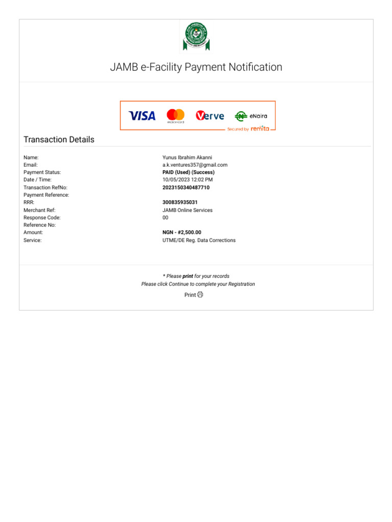 Efacility - Jamb.gov - NG Remitta Redirecturl Receipt 1&transid ...