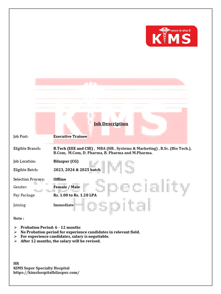 KIMS Job Description 2024-25 | PDF