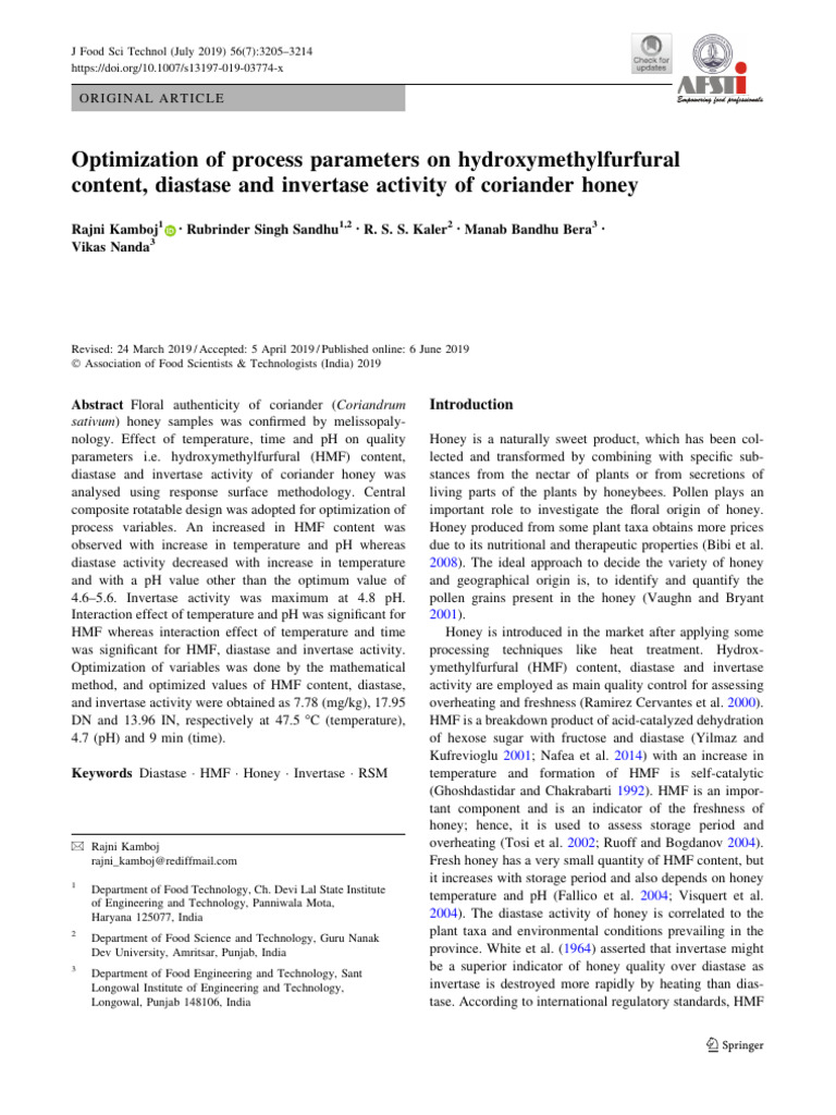 Optimization of Process Parameters on Hydroxymethylfurfural Content ...