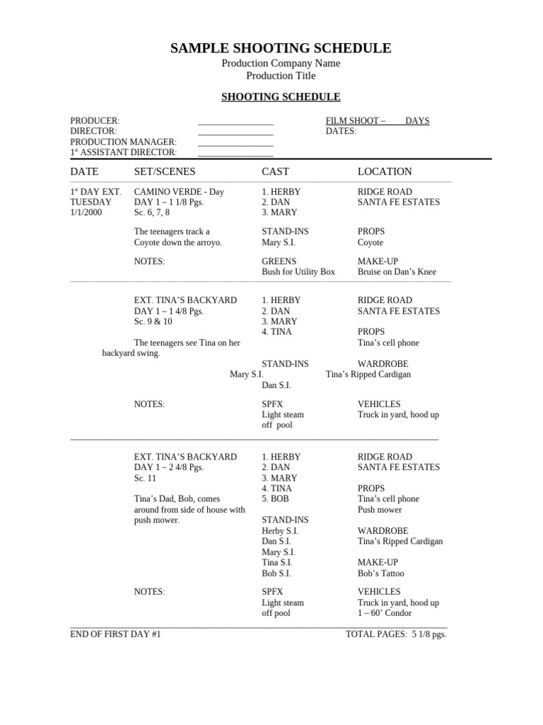 Sample Film Shooting Schedule Template | PDF