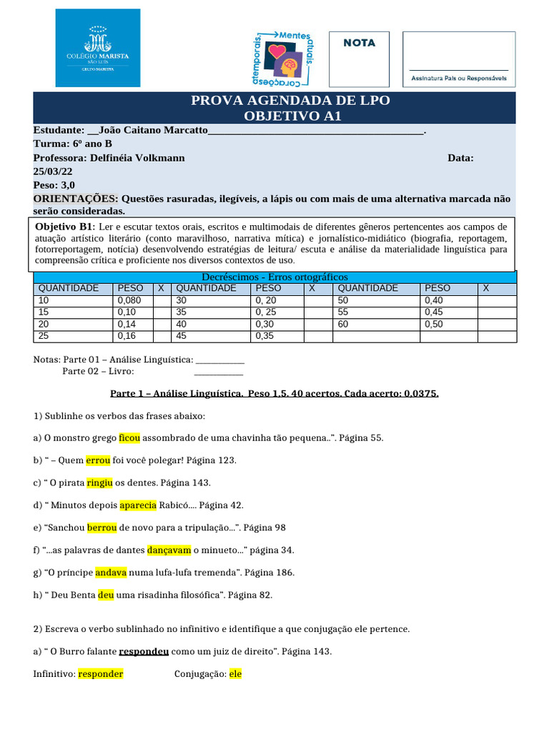 LP - 6º. Prova A1 (1).Docx Respostas Da Prova | PDF | Linguística