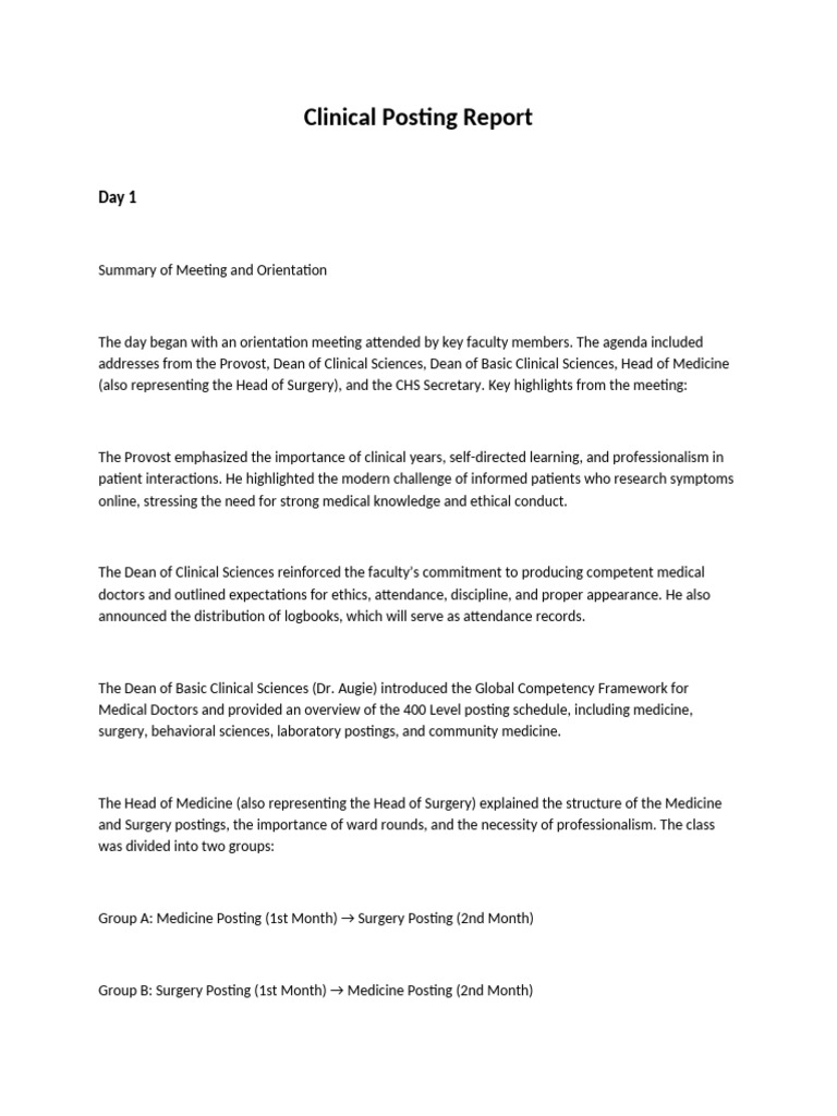 Clinical Posting Report Overview | PDF | Medicine | Medical Specialties