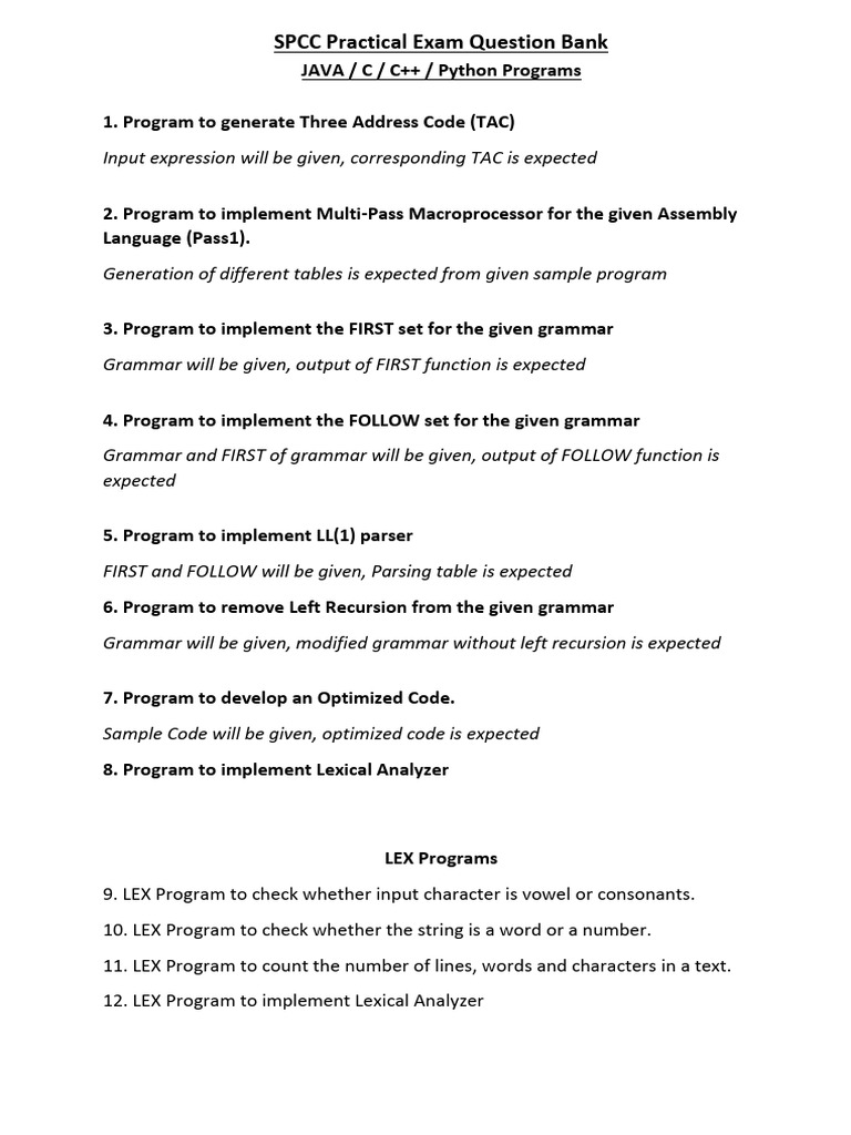 SPCC Practical Exam Question Bank-2025 | PDF