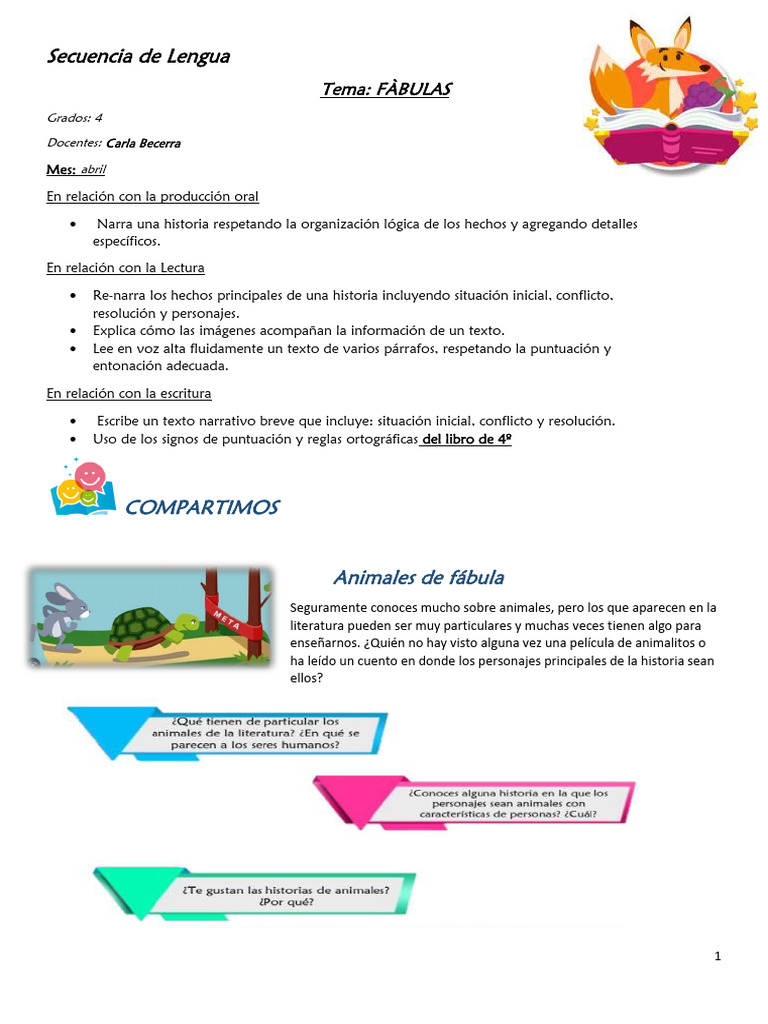 Fábulas para 4º Grado: Narración y Análisis | PDF | Fábula | Puntuación