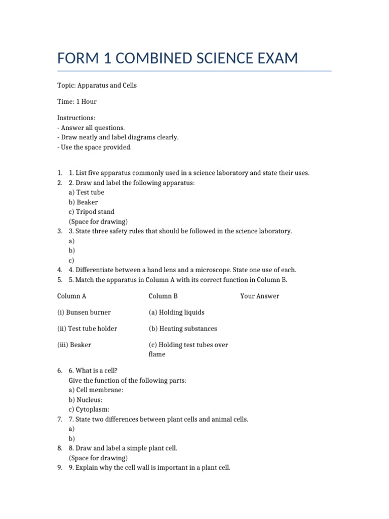 Form 1 Science Exam: Cells & Apparatus | PDF