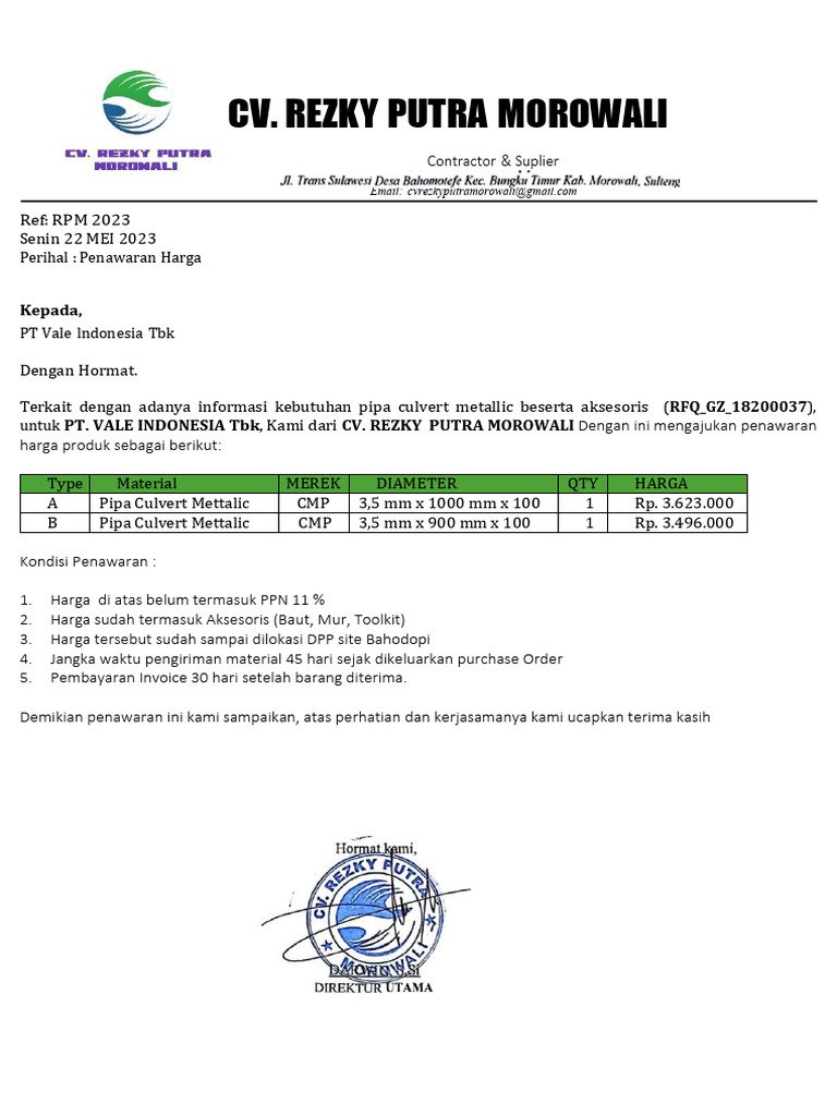 Proposal Pipa Culvert CV REZKY | PDF