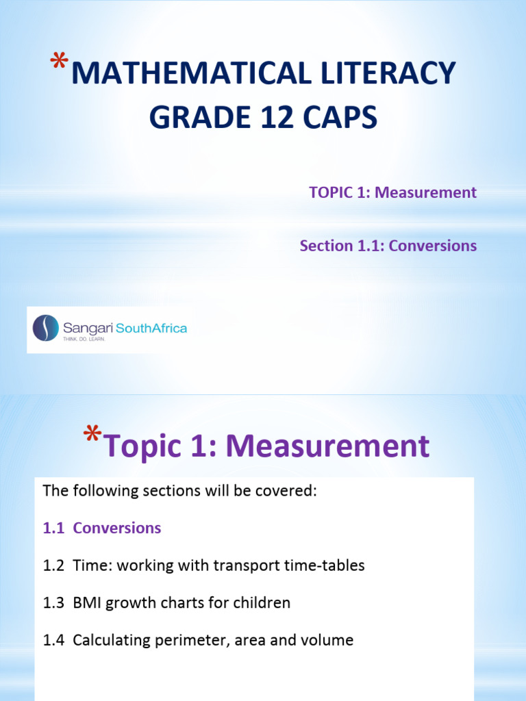 Grade 12 Maths Lit: Measurement Conversions | PDF | Volume | Measurement