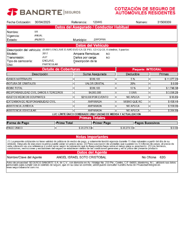 Cotizacion Enclave 2017 Banorte-Iserver Seguros | PDF