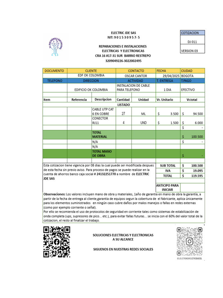COTIZACION .XLSX - CABLEADO TELEFONO FIJO | PDF | Ingenieria Eléctrica ...