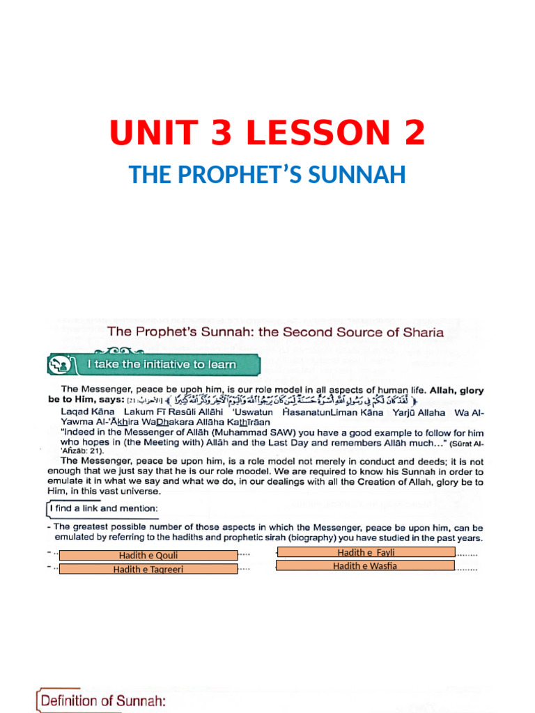UNIT 3 LESSON 2 The Prophetic Sunnah Notes | PDF | Quran | Islam