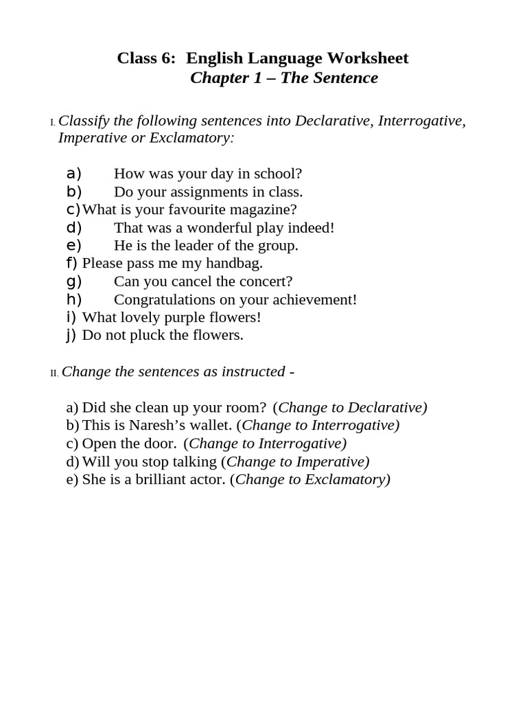 Class 6 English Language Worksheet - Chapter 1 - The Sentence | PDF
