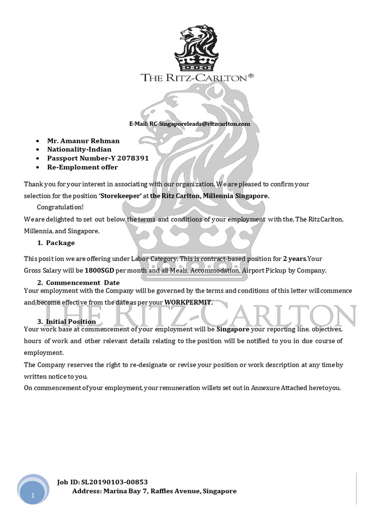 THE RITZ CARLTON OFFER LETTER MR. Amanur Rehman | PDF | Employment | Salary