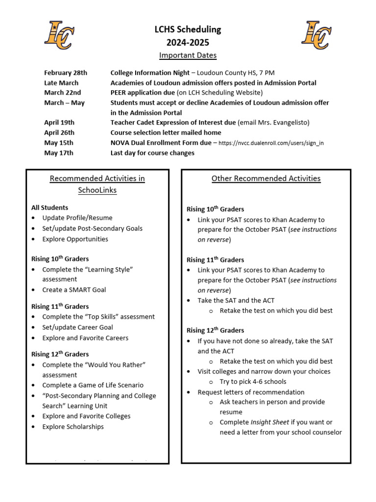 LCHS Scheduling Info - 2024-25 | PDF | Sat | Schools