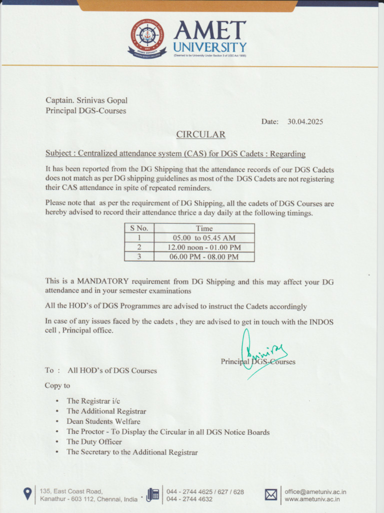 CAS Attendance Circular | PDF